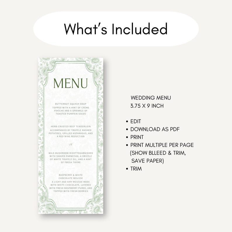 Green Toile Menu Card Template, Vintage Floral Wedding Dinner Card ...