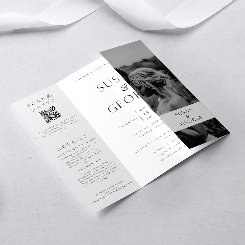 Gatefold Wedding Invite, Chic Minimalist Photo Template, Digital ...