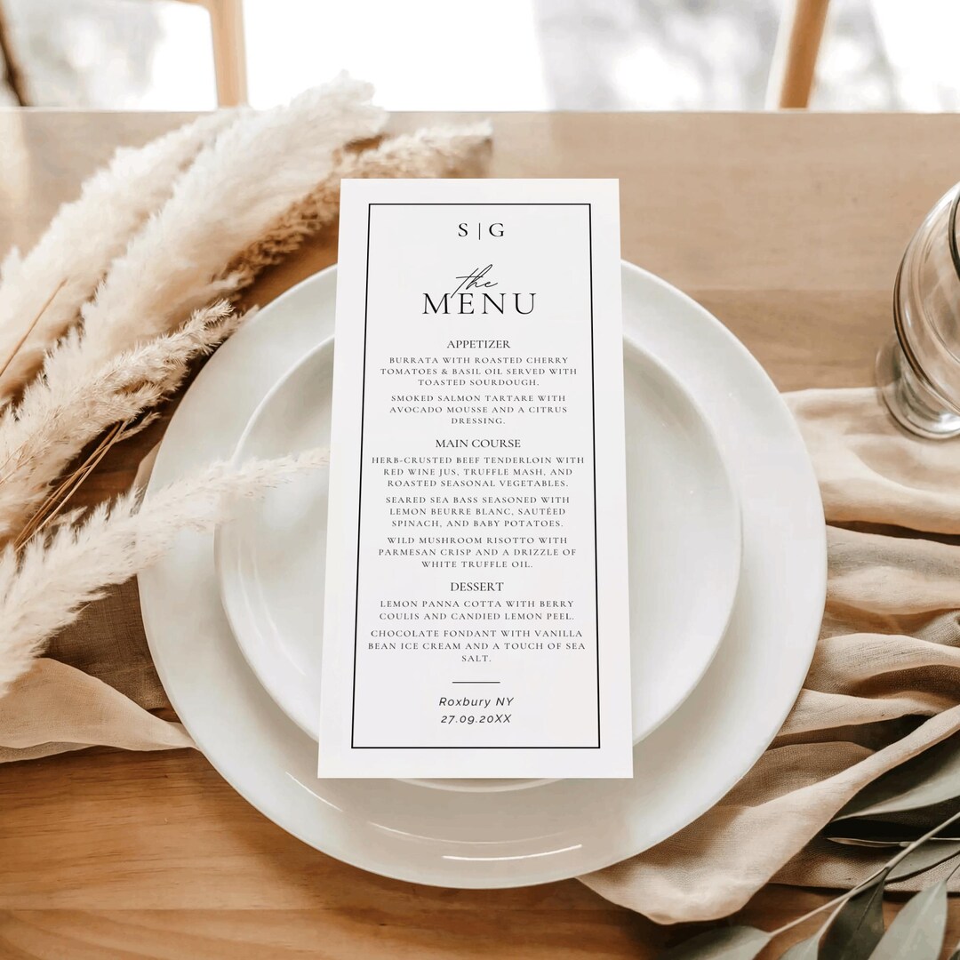 Modern Monogram Menu Card, Elegant Wedding Template, Dinner Black ...