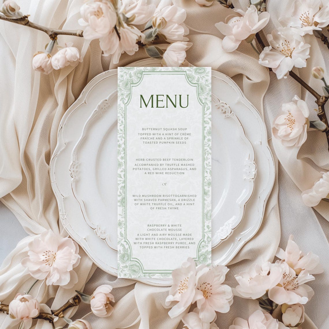 Green Toile Menu Card Template, Vintage Floral Wedding Dinner Card ...