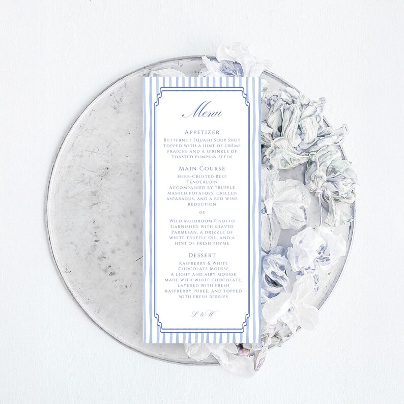 Blue Stripe Menu Card, Editable Coastal Wedding Template, Summer Garden ...