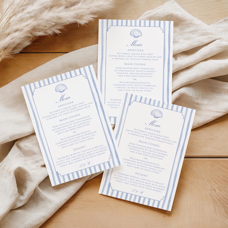 Blue Seashell Stripe Menu Template, Elegant Beach Wedding Card, Coastal ...