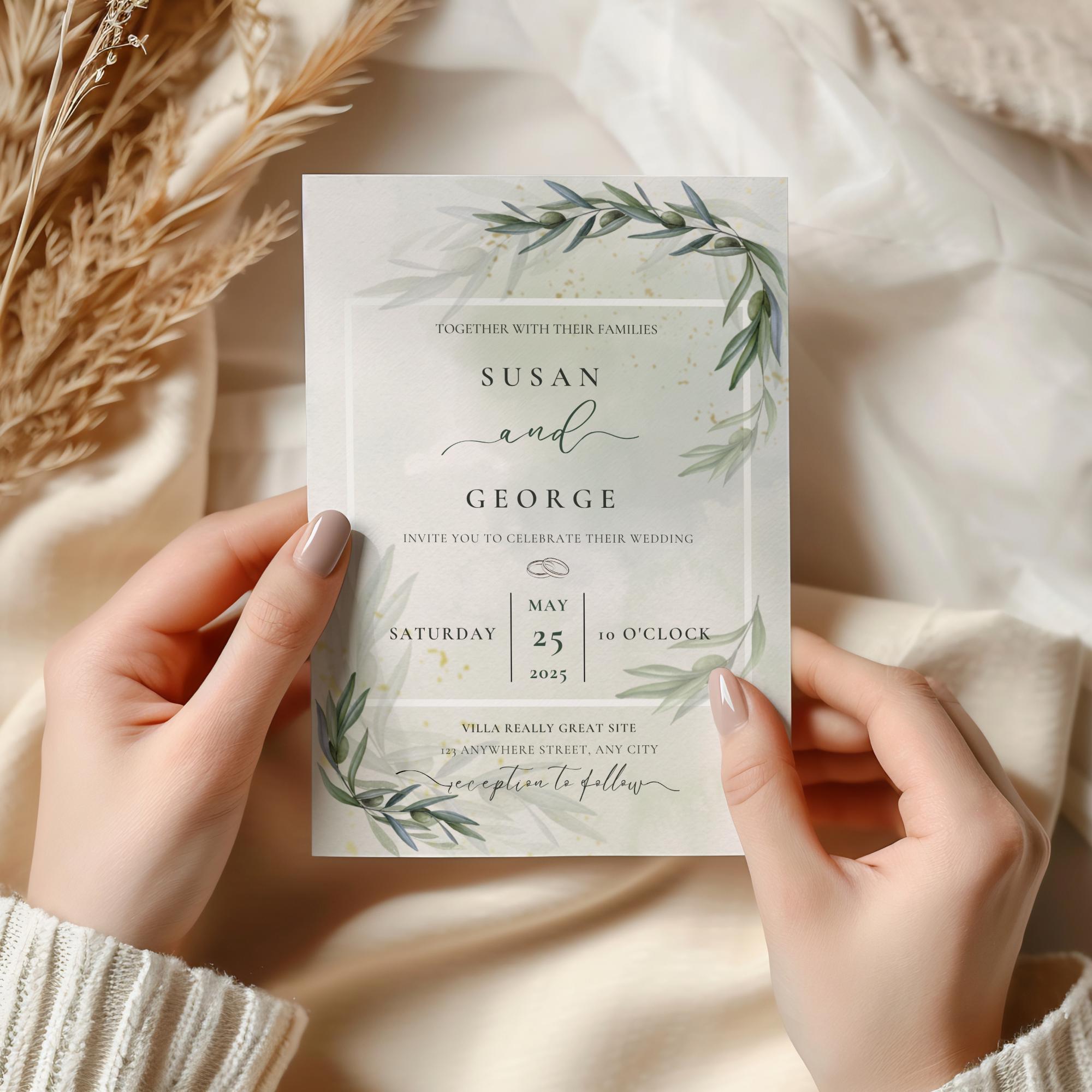 Printable Olive Branch Wedding Invitation, Sage Greenery Watercolor ...