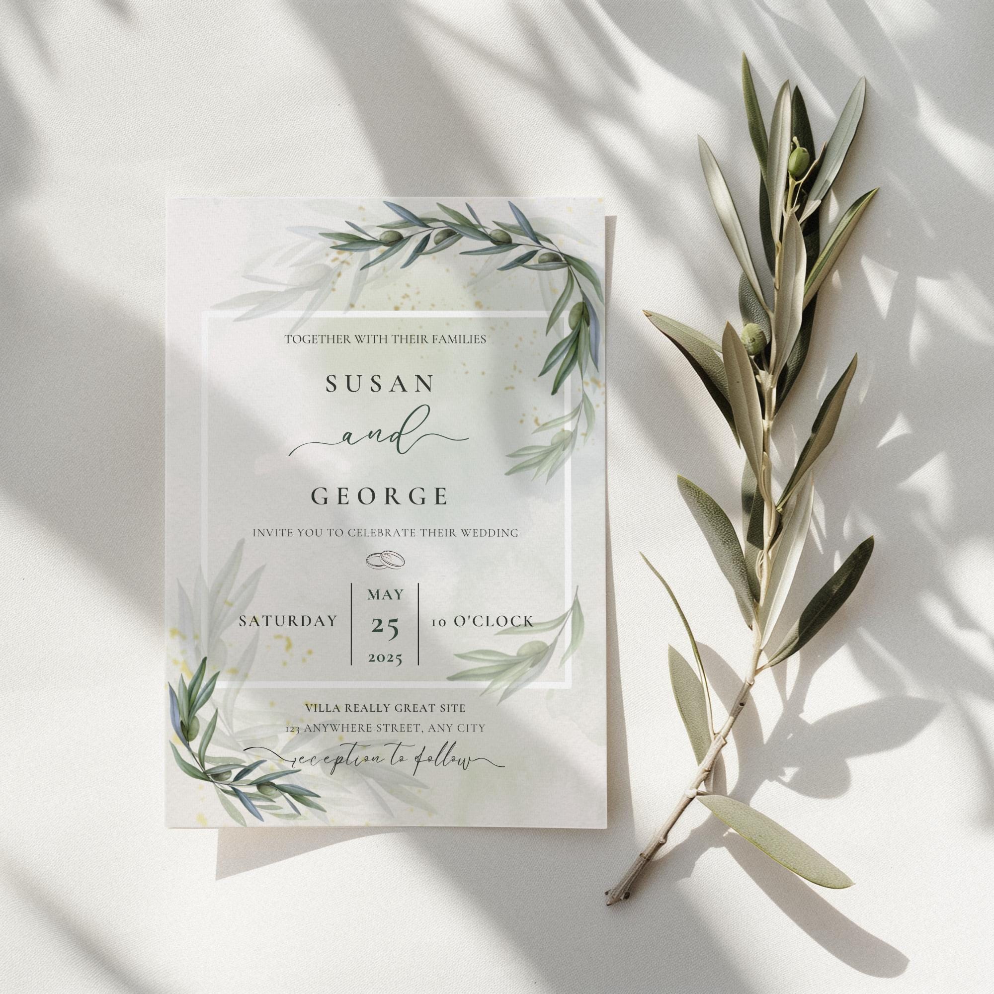 Printable Olive Branch Wedding Invitation, Sage Greenery Watercolor ...