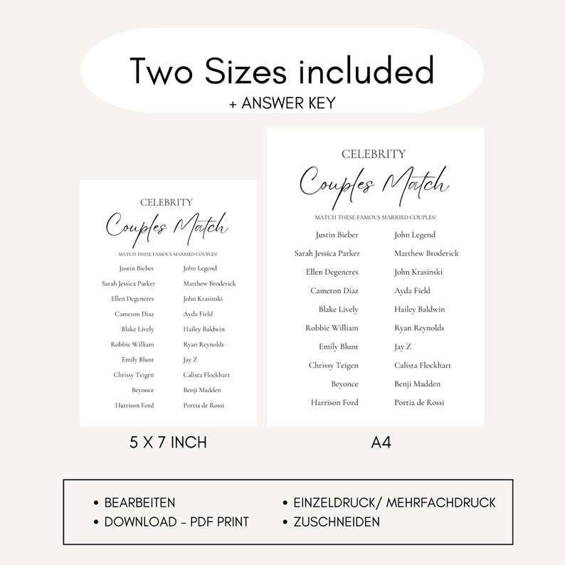Celebrity Couples Match Game, Fun Bridal Wedding Shower Template ...