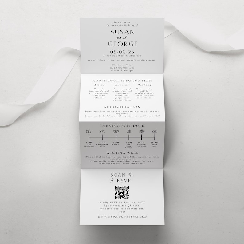 Concertina Photo Wedding Invitation, Minimal Four Fold Invite, Modern ...