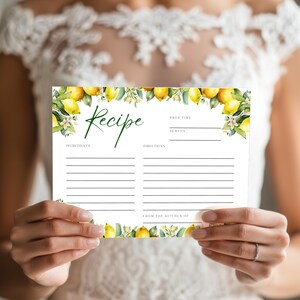 Lemon Recipe Card Template, Editable Bridal Shower Template ...