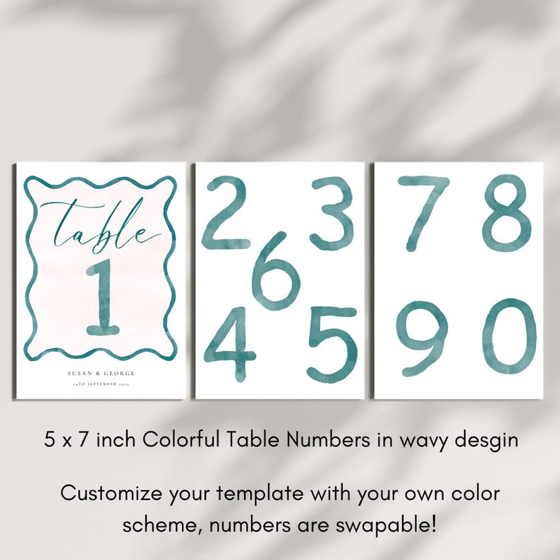 Whimsical Hand Drawn Watercolor Table Number Sign, Wavy Modern Design ...