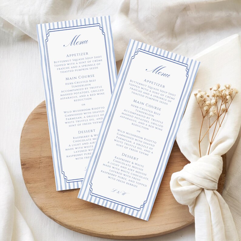 Blue Stripe Menu Card, Editable Coastal Wedding Template, Summer Garden ...