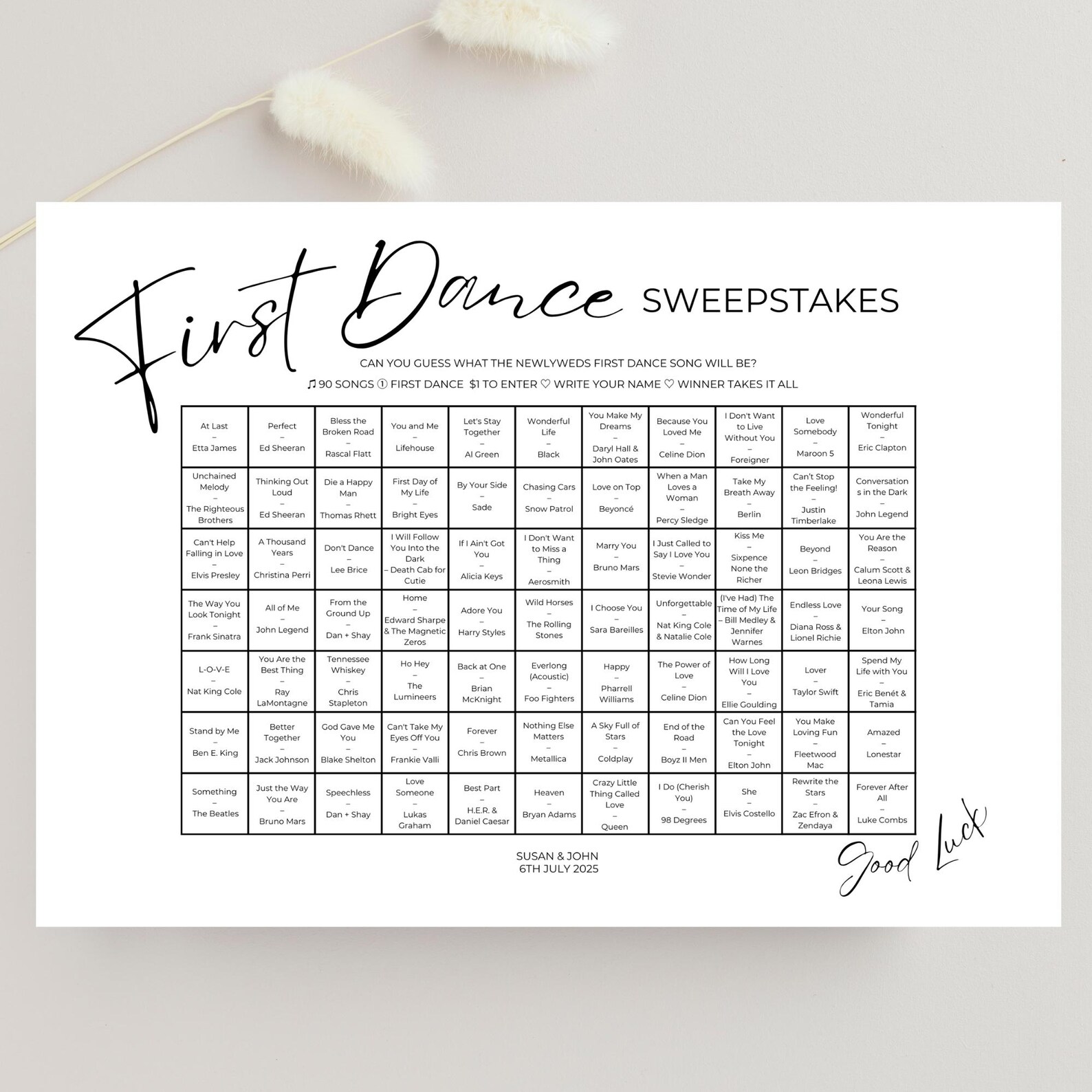 Wedding First Dance Sweepstake Game, Fun Unique Reception Activity ...