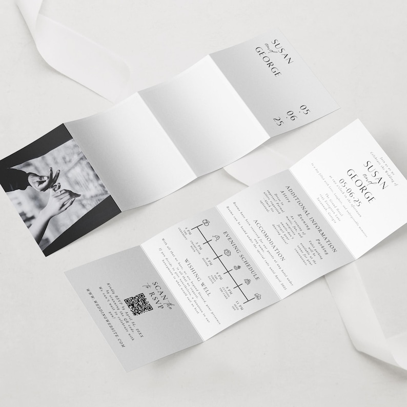 Concertina Photo Wedding Invitation, Minimal Four Fold Invite, Modern ...