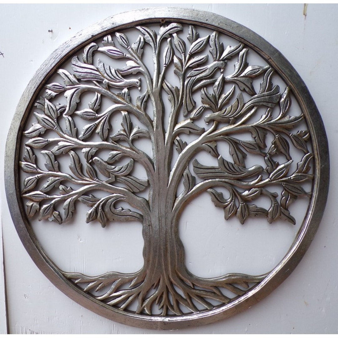 Tree of Life Panel in Perforated Wood 80 Cm Round Antiqued Silver - Etsy