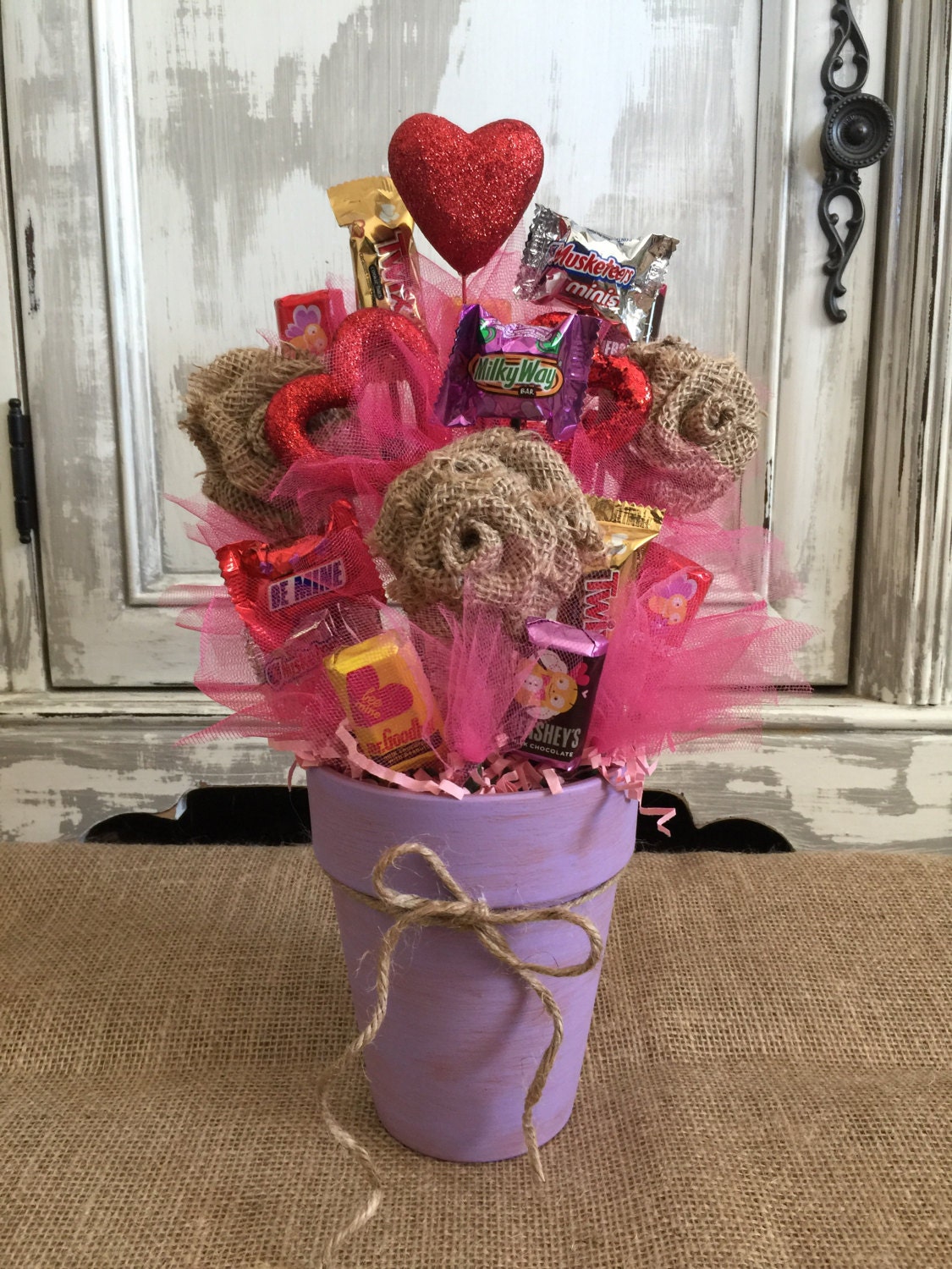 Burlap Flower Candy Bouquet / Candy Bouquet / Candy Pot / - Etsy
