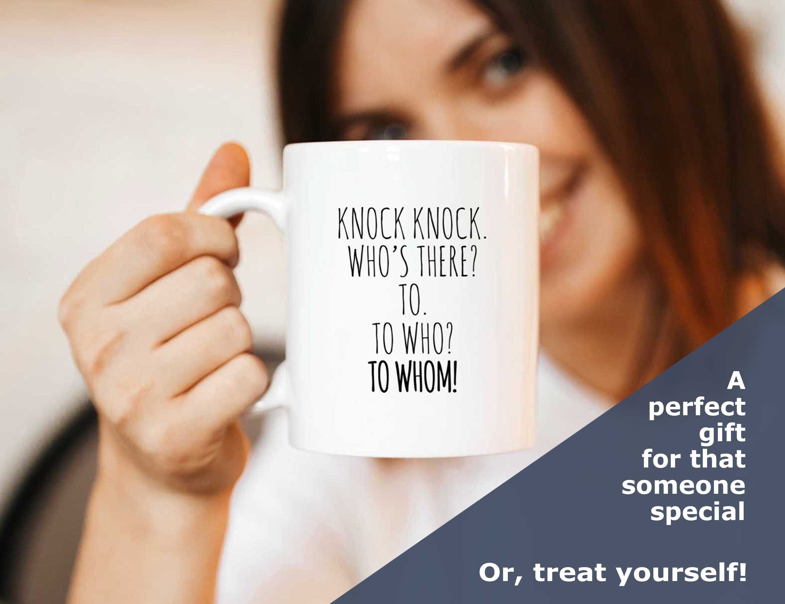 Funny English Teacher Grammar Coffee Mug, Humorous Knock Knock Joke Who ...