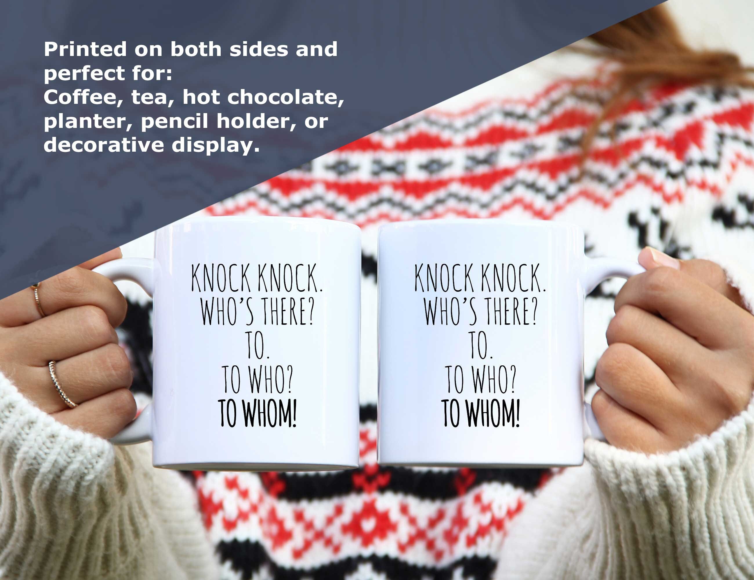 Funny English Teacher Grammar Coffee Mug, Humorous Knock Knock Joke Who ...