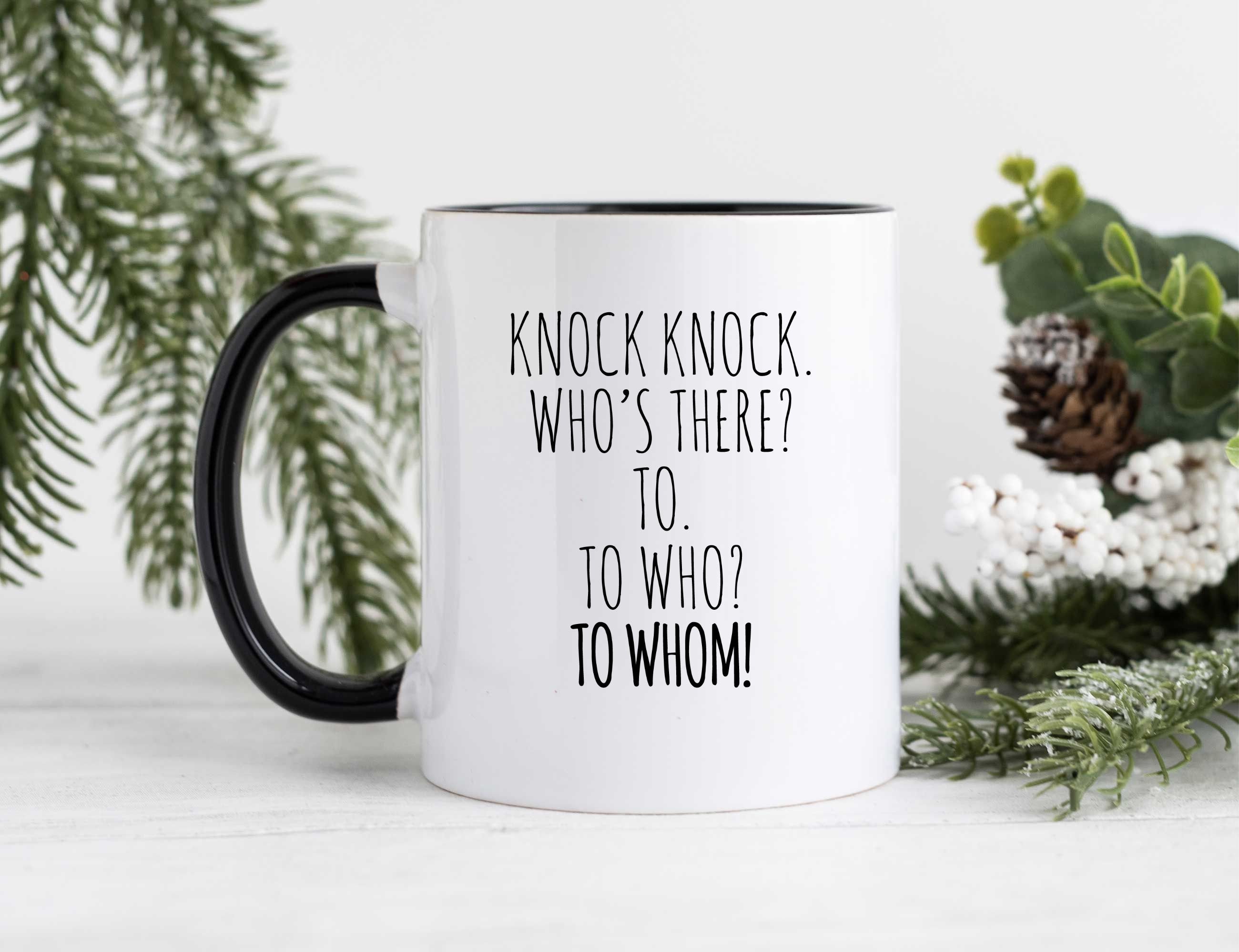 Funny English Teacher Grammar Coffee Mug, Humorous Knock Knock Joke Who ...