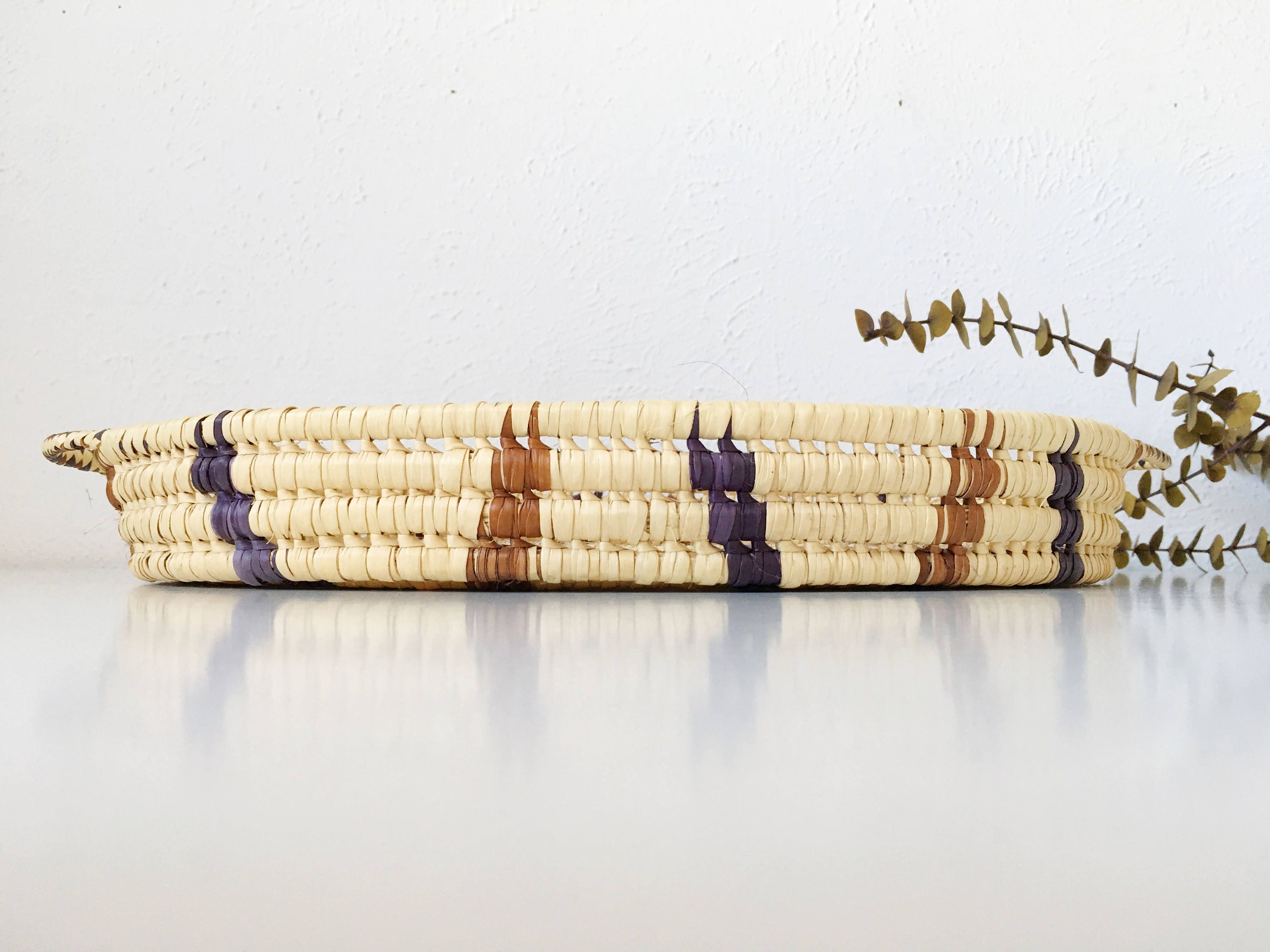 Vintage Handwoven Raffia Coil Tray With Handles Purple Brown - Etsy