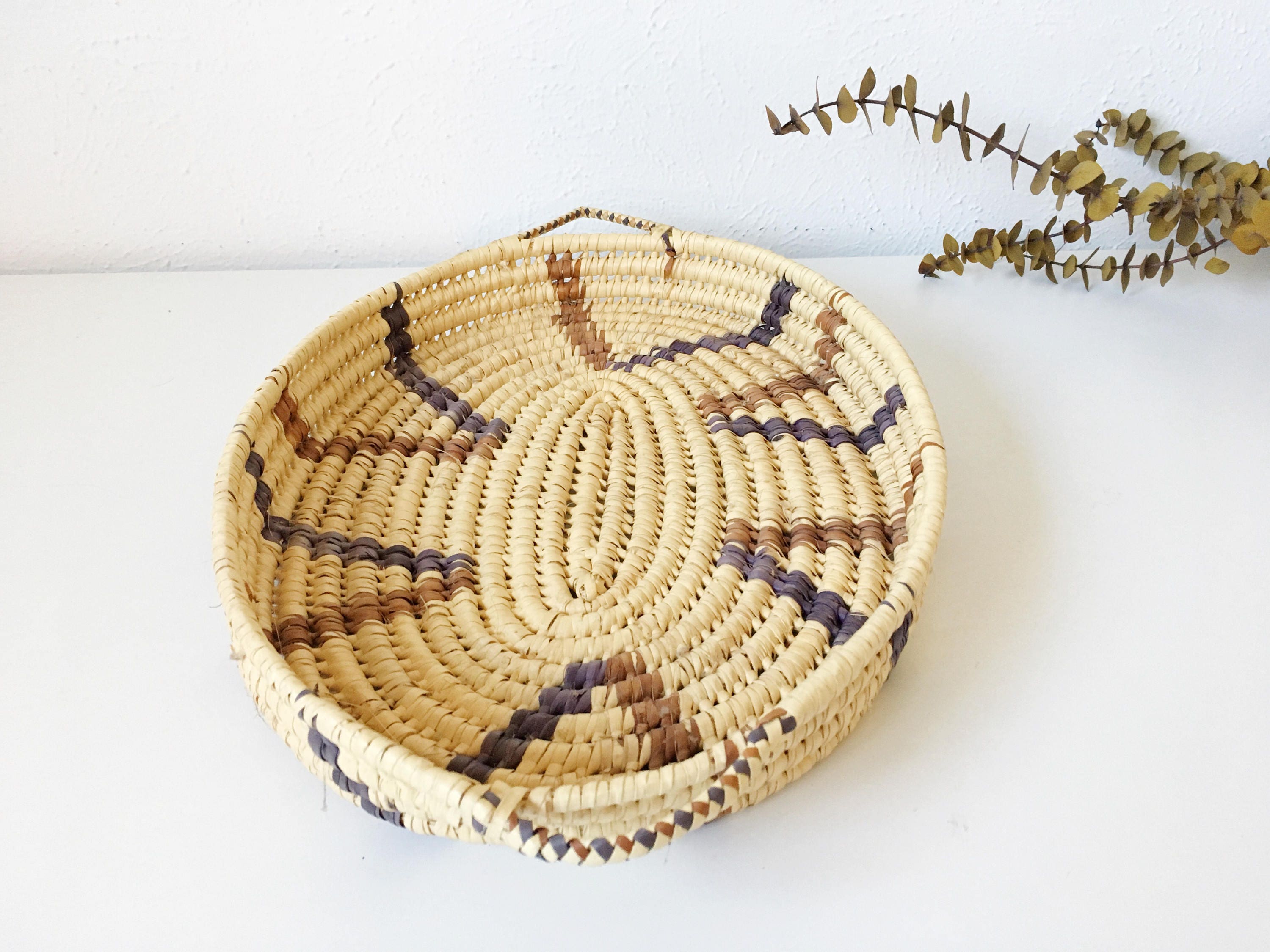 Vintage Handwoven Raffia Coil Tray With Handles Purple Brown - Etsy