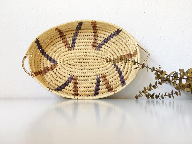 Vintage Handwoven Raffia Coil Tray With Handles Purple Brown Neutral ...