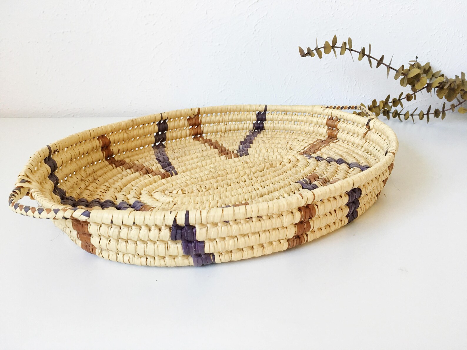 Vintage Handwoven Raffia Coil Tray With Handles Purple Brown - Etsy