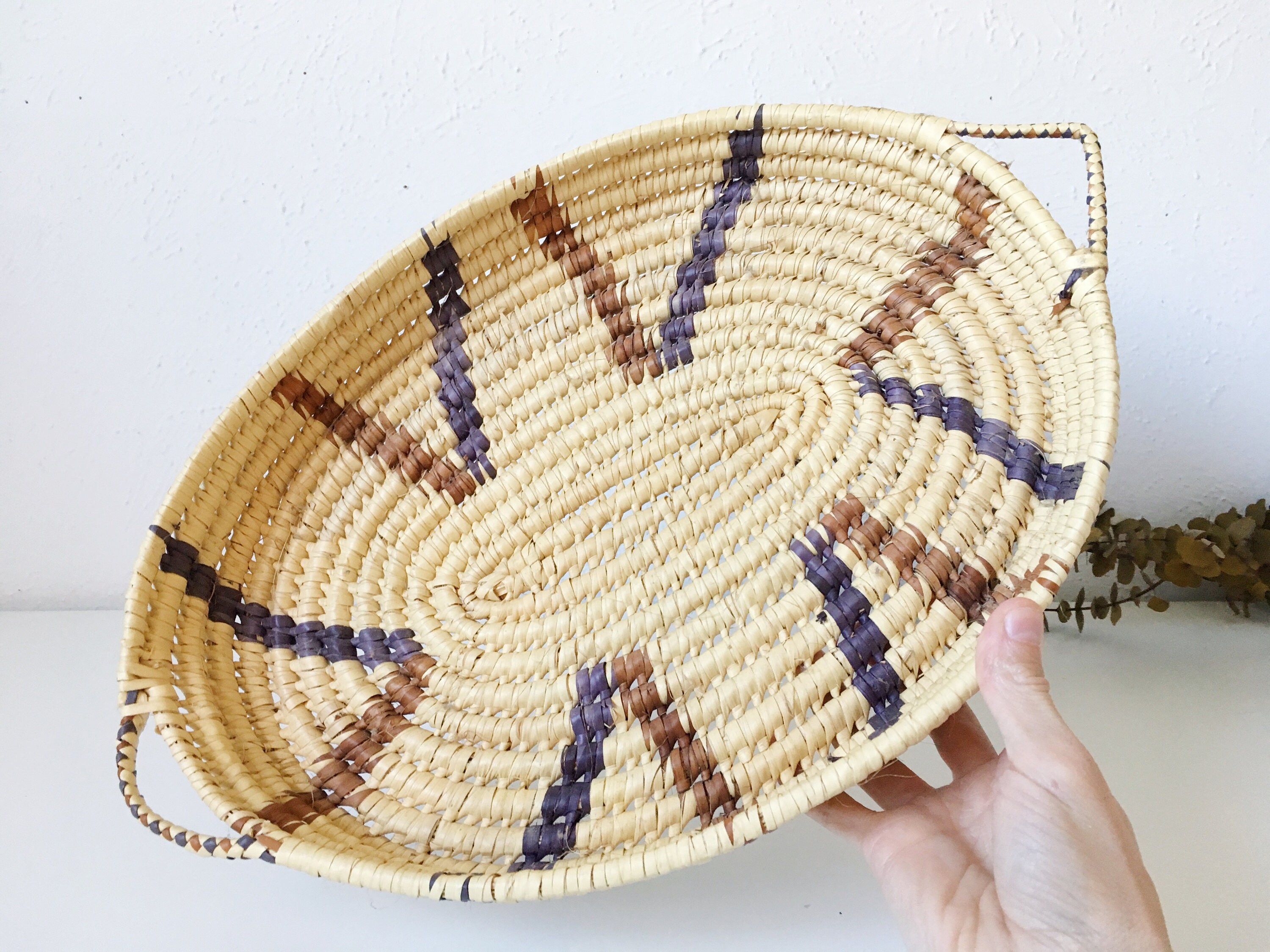Vintage Handwoven Raffia Coil Tray With Handles Purple Brown - Etsy