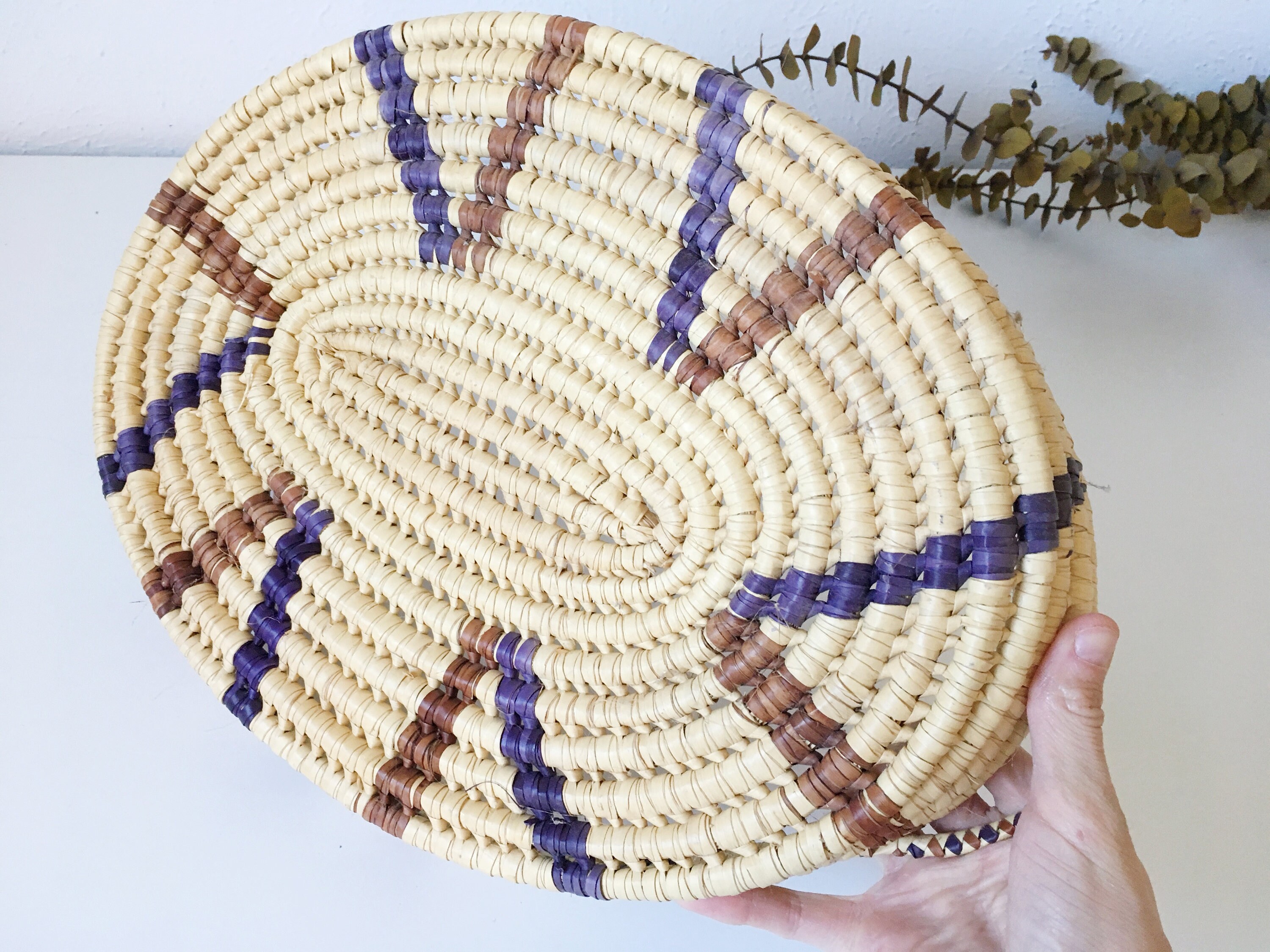 Vintage Handwoven Raffia Coil Tray With Handles Purple Brown - Etsy