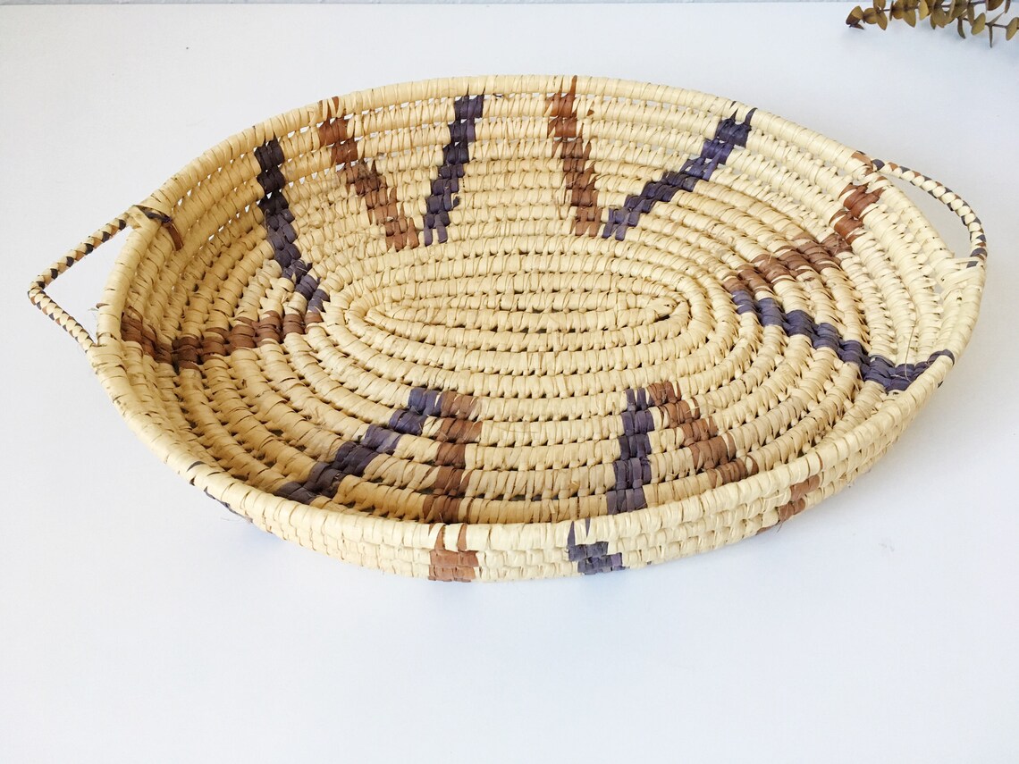 Vintage Handwoven Raffia Coil Tray With Handles Purple Brown - Etsy