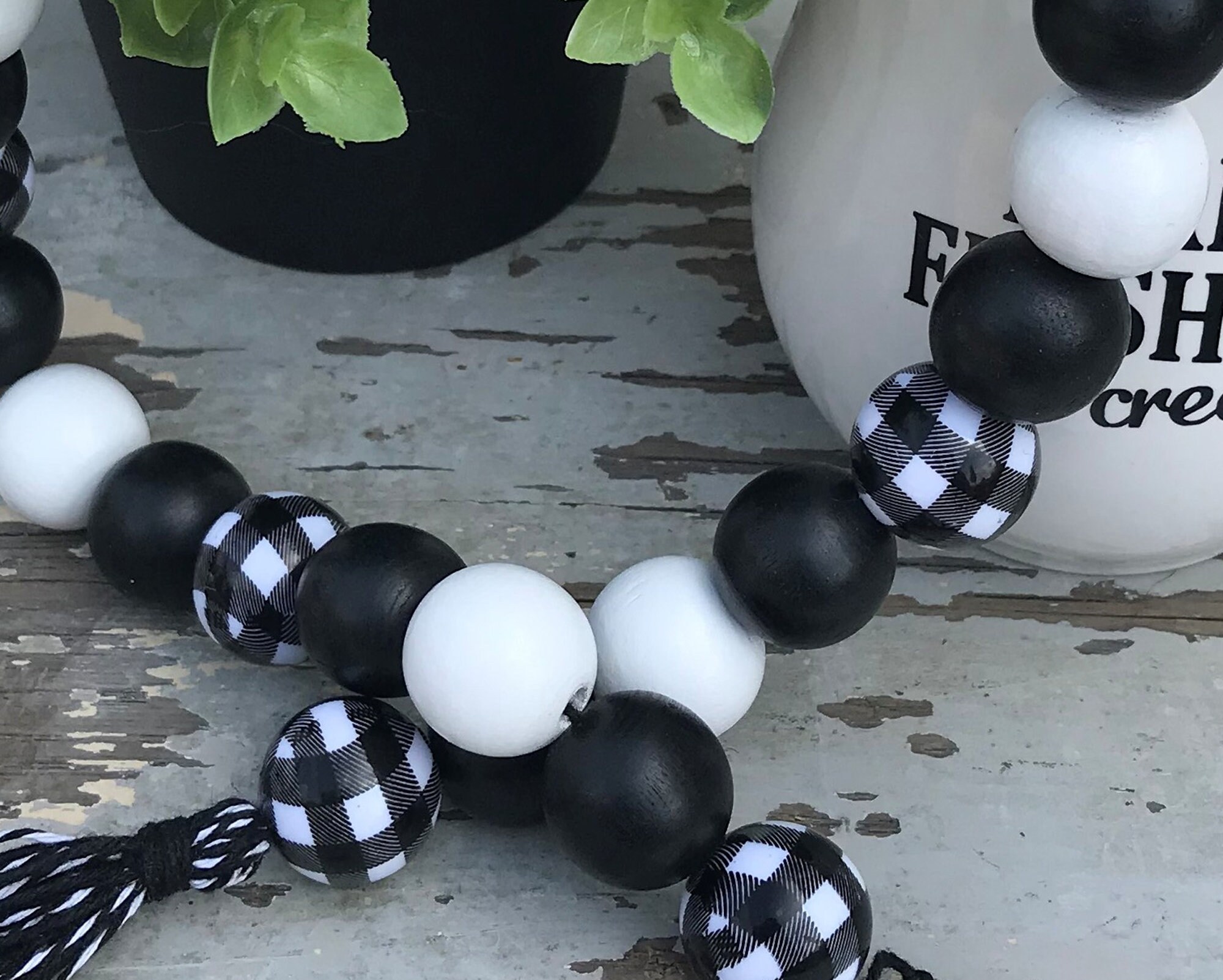Black & White Buffalo Check Bead Garland, Buffalo Check Bead, Rustic ...