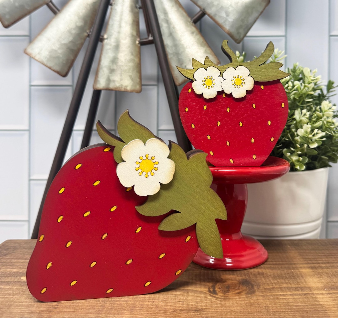 Chunky Wooden Strawberries Summer Decorative Tier Tray Shelf Sitters, 2 ...