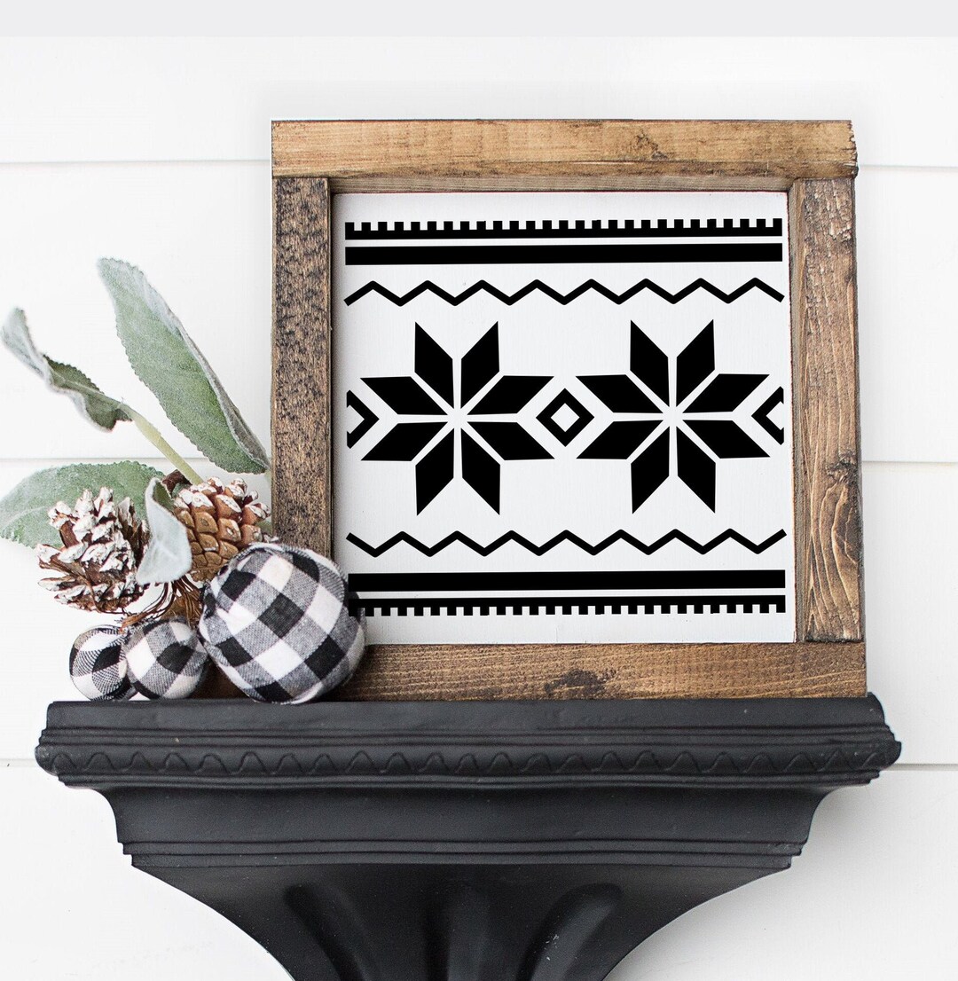 Nordic Scandinavian Snowflake Pattern Farmhouse Style Framed Wood ...