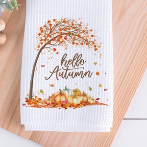 Hello Autumn Fall Tea Towel 16"x24", Tier Tray Decor, Autumn Farmhouse ...