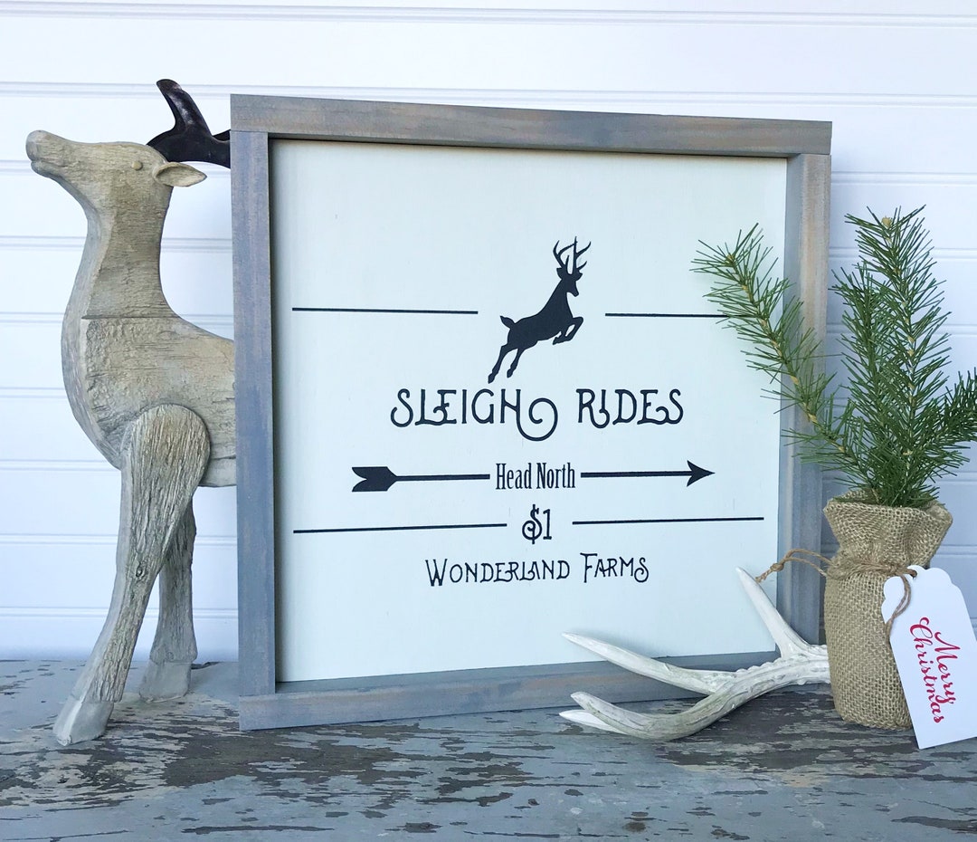 Sleigh Rides Farmhouse Christmas Sign 13.5"x13.5". Reindeer Wood Sign ...