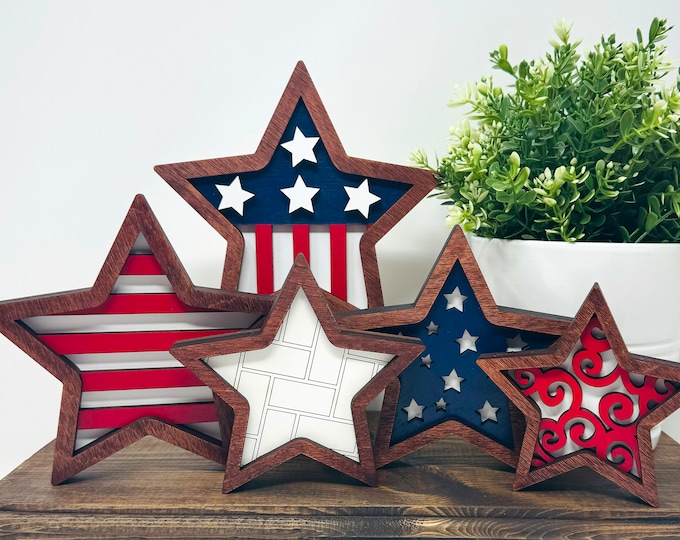 Patriotic Stars and Stripes Wooden Decorative Star Shelf Sitters, 4th ...