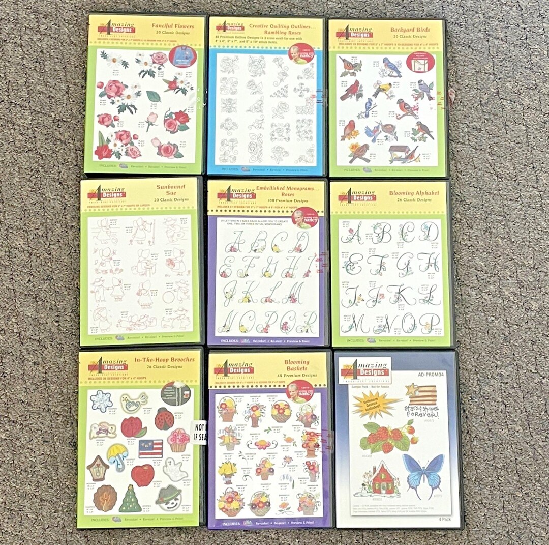 Amazing Designs X9 Embroidery Cds Flowers Birds Letters Sunbonnet Sue ...