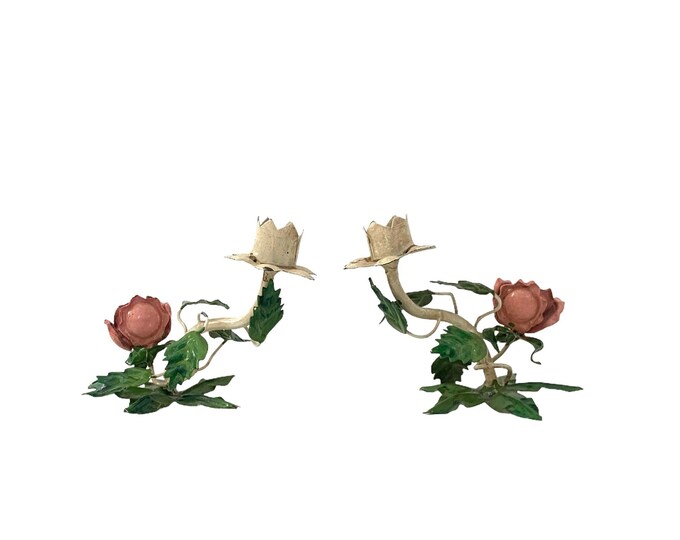 Vintage ITALIAN TOLE Painted Rose Candleholders Mid Century Candle ...