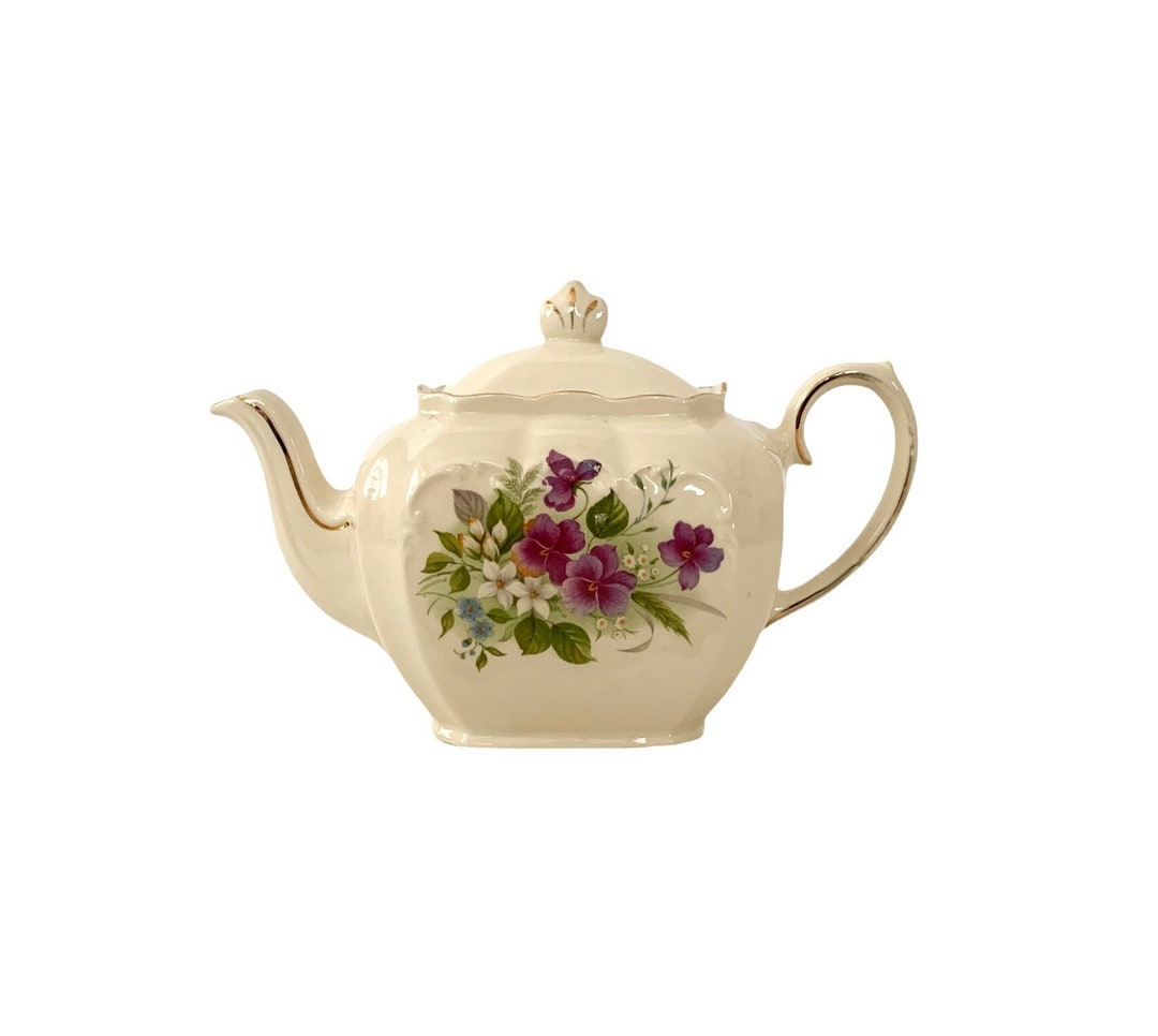 Vintage SADLER Cube Teapot Purple Violets Gold Trim | Made in England ...