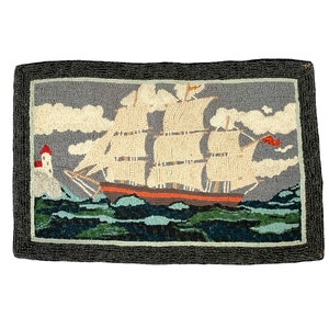1940s SHIP AT SEA Hooked Rug With Lighthouse Hand Made Schooner Rug ...