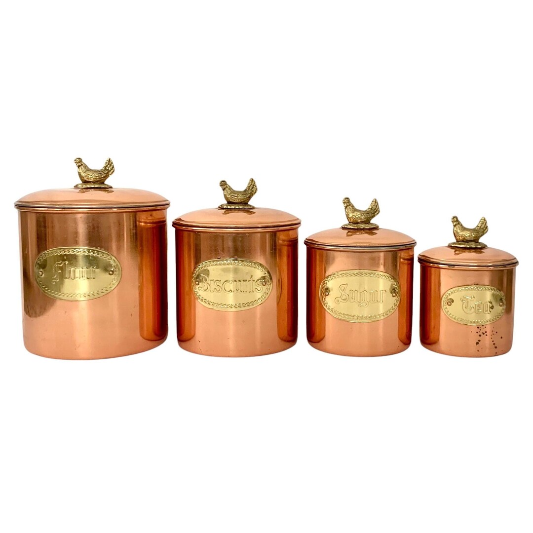 Vintage Copper Canister Set With Brass Hen Finials and Labels - Etsy