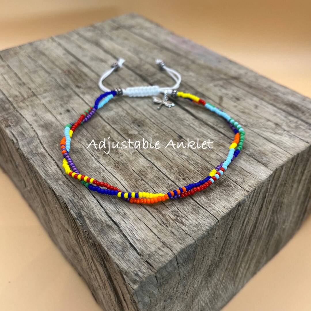 Rainbow Seed Bead Anklet: Boho Dragonfly Charm, Adjustable Macrame Knot ...