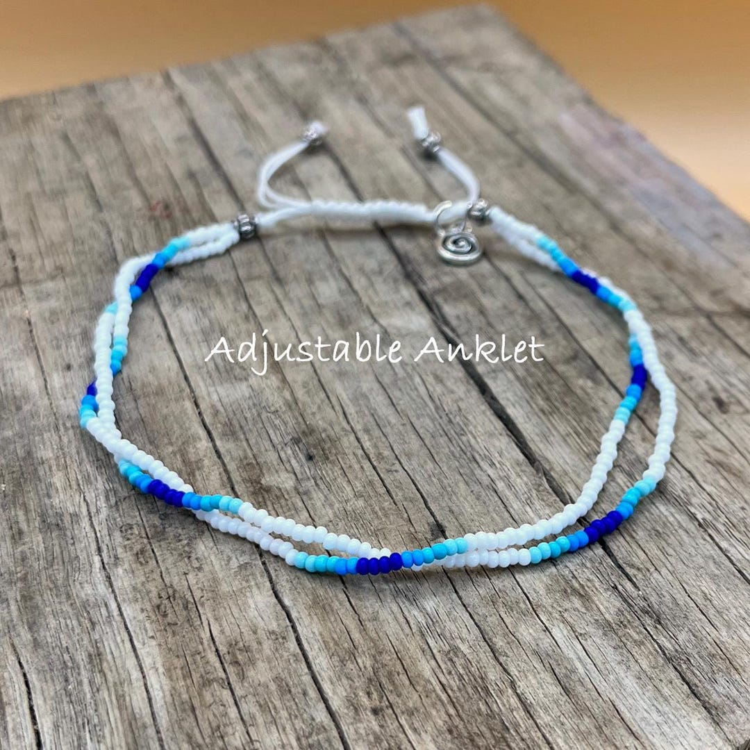 Handmade Seed Bead Anklet: White & Blue Ombre, Adjustable Boho Style - Etsy