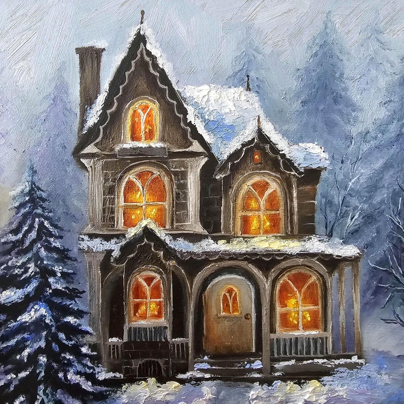 Winter House in Forest Original Oil Painting Small Architecture Art ...