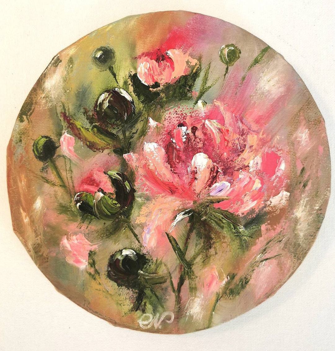 Pink Peony Original Oil Painting Round Abstract Peonies Streched Canvas ...
