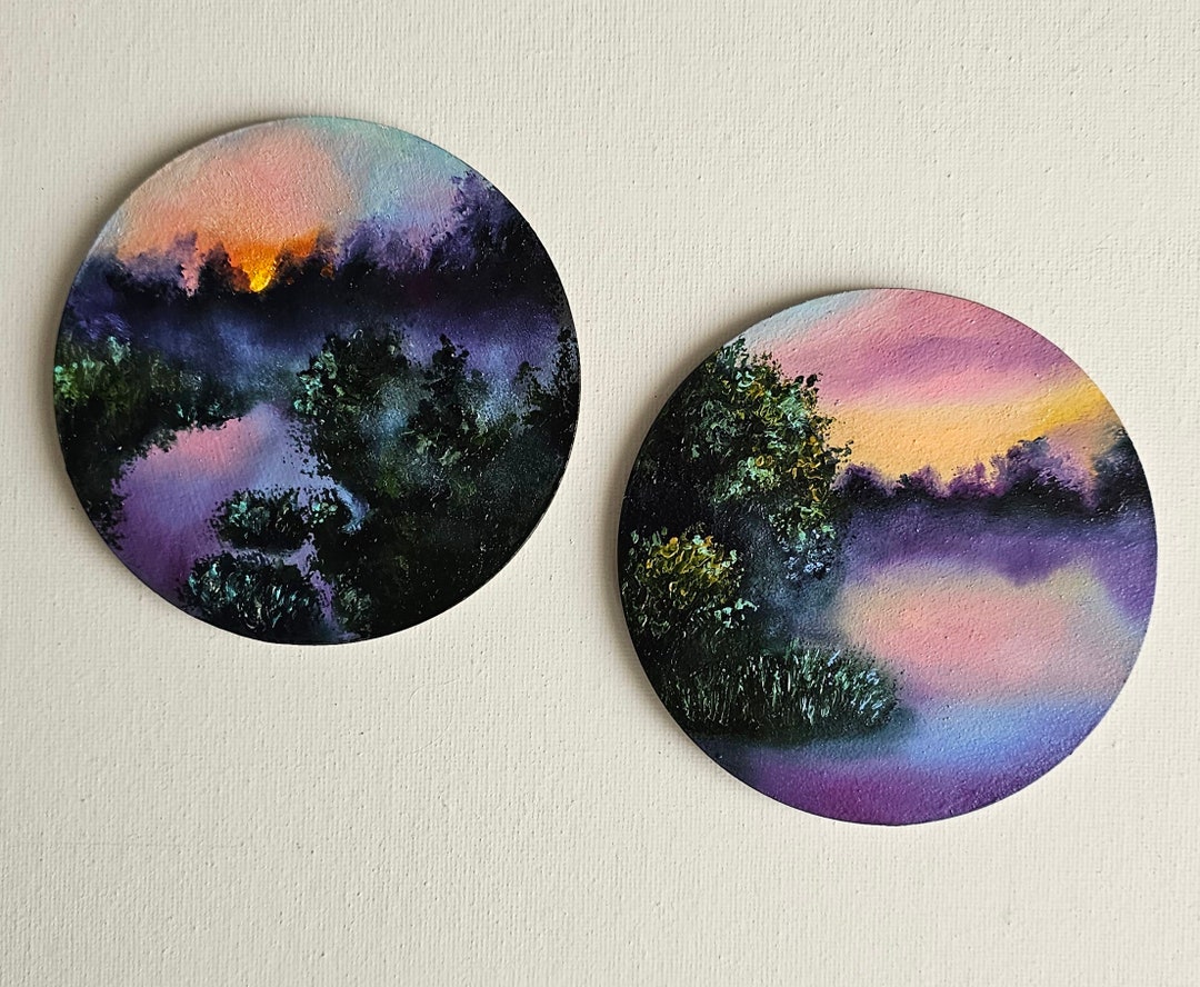 Sunset Landscape Paintings, Hand Painted Fridge Magnets, Office Magnets ...