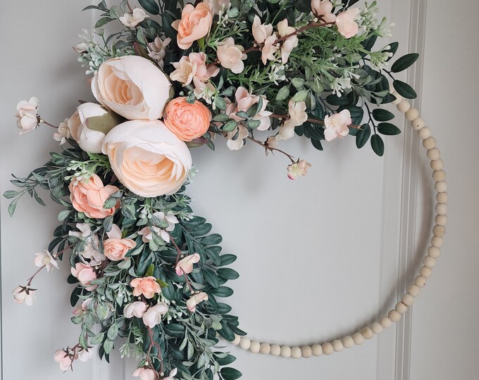 Spring/summer Wood Bead Wreath, Boho, Farmhouse, Cottage, Rose Wreath ...