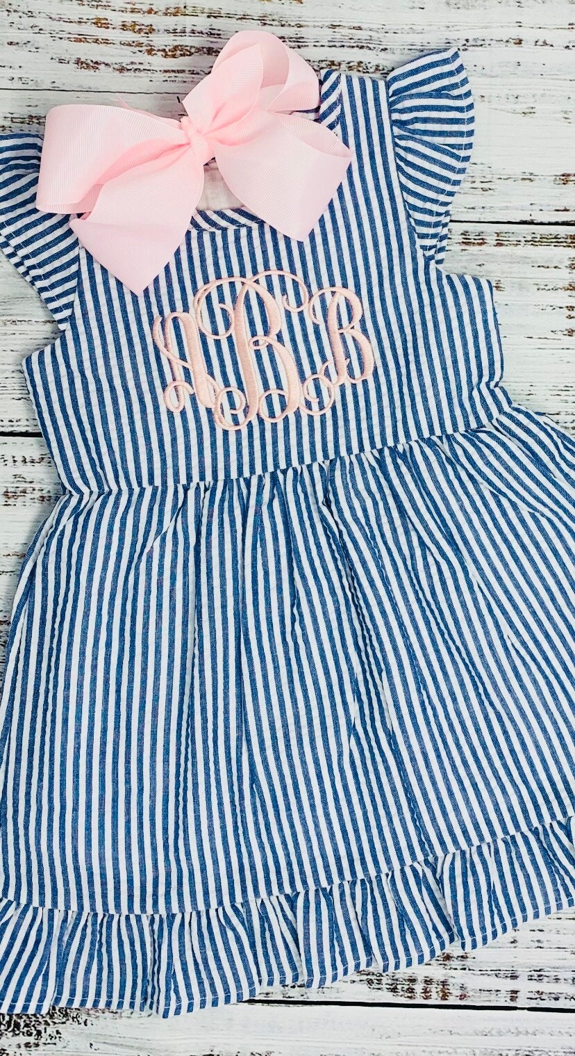 Personalized Navy Seersucker Ruffle Dress for Girls, Monogrammed ...