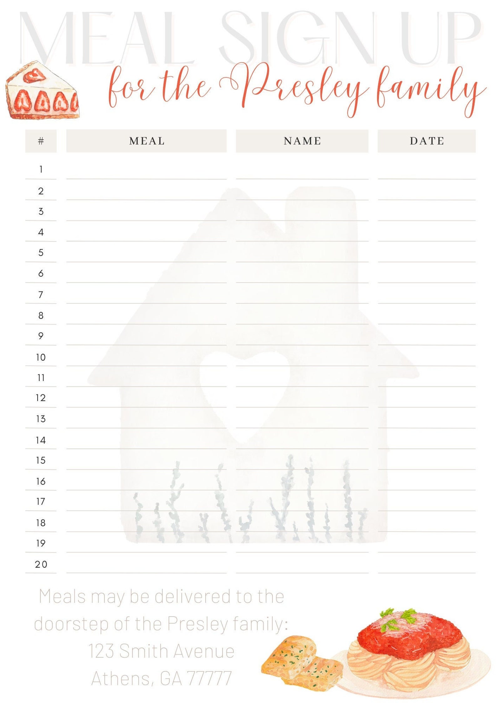 EDITABLE Minimalist Watercolor Meal Sign up Sheet | Meal Train | Classy ...