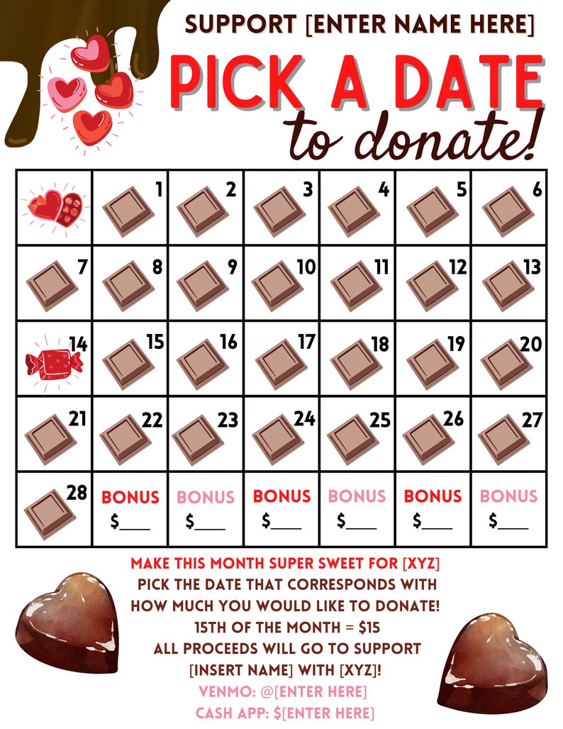 EDITABLE Pick a Date Fundraiser | Calendar | Sponsor a Date | Chocolate ...