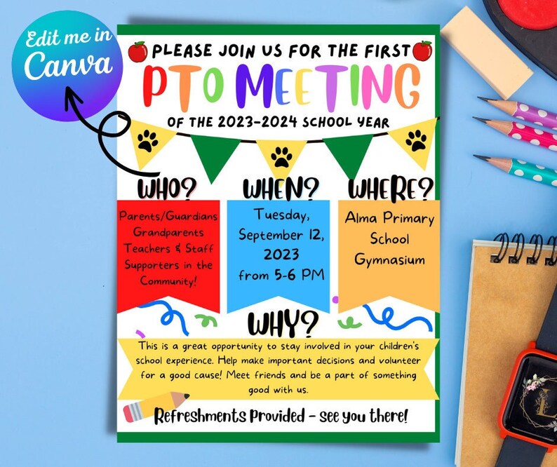 EDITABLE! PTA PTO Meeting Flyer Template Editable Canva Instant Digital ...