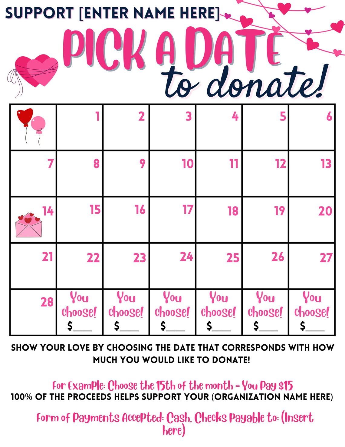 Valentine's Pick-a-date February Calendar EDITABLE February Calendar ...