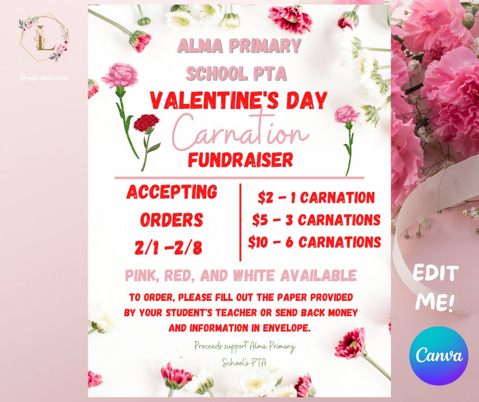 VALENTINE'S Carnation Fundraiser Flyer | PTA | PTO | School | Editable ...